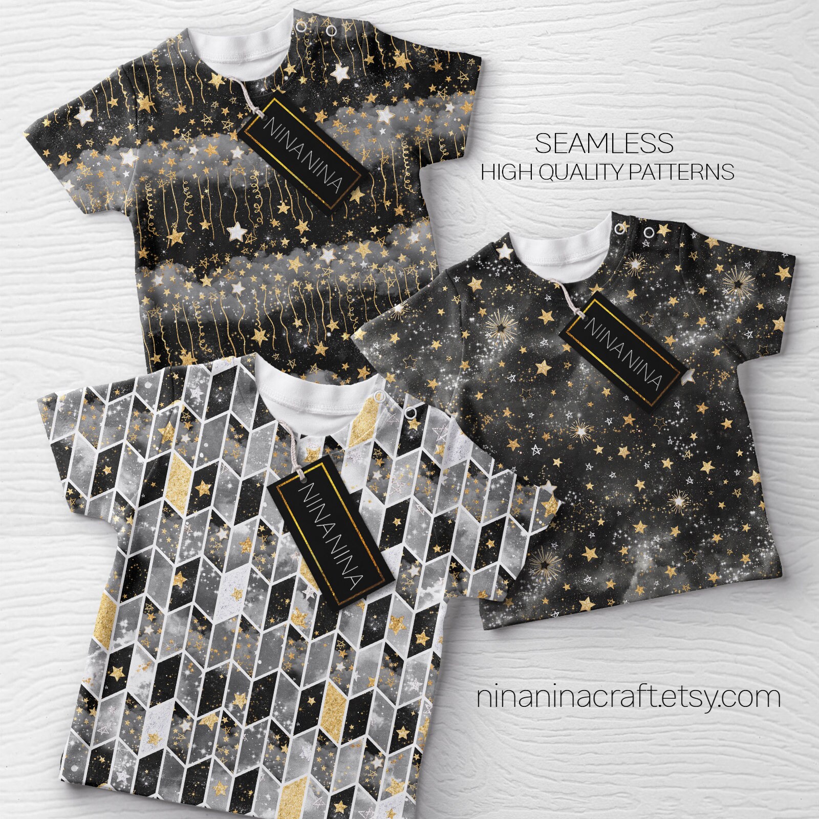 Stars Digital Papers, Gold Glitter Seamless Pattern, Black and White ...