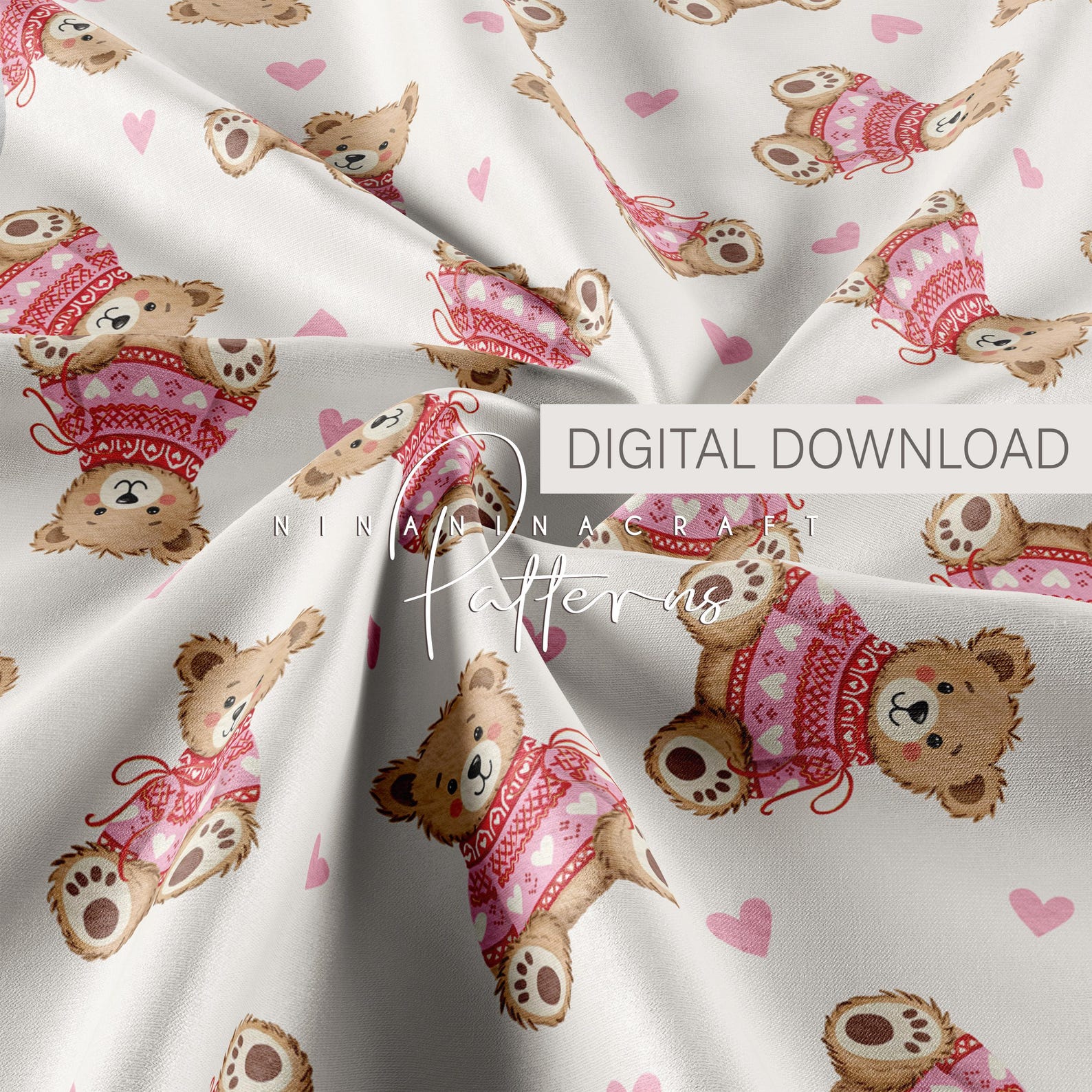 Valentines Teddy Bear Seamless Pattern by Ninaninacraft: Chiffon, Pink ...