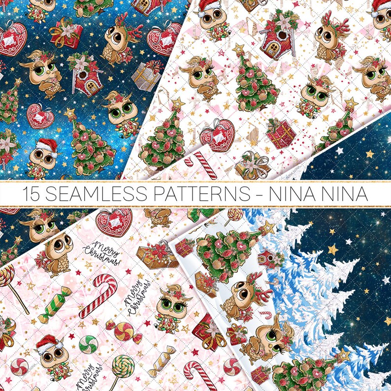 Cute Christmas Owls Digital Papers, Glitter Seamless Patterns ...