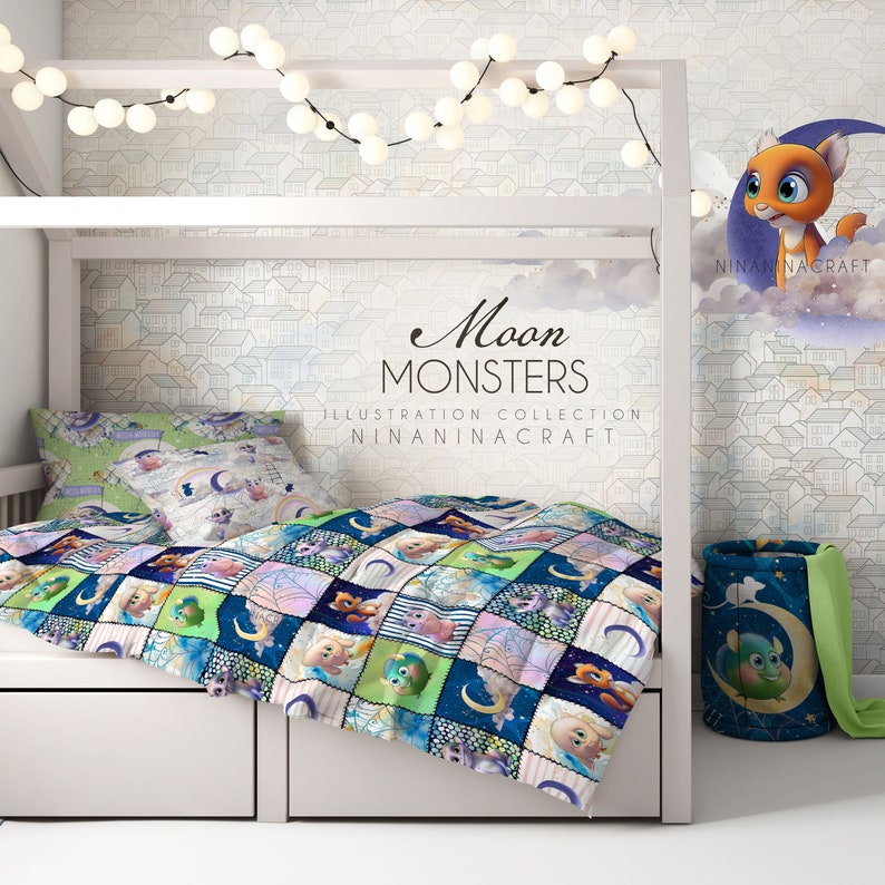 Cute Moon Monsters Seamless Patterns, Stars Digital Papers by ...