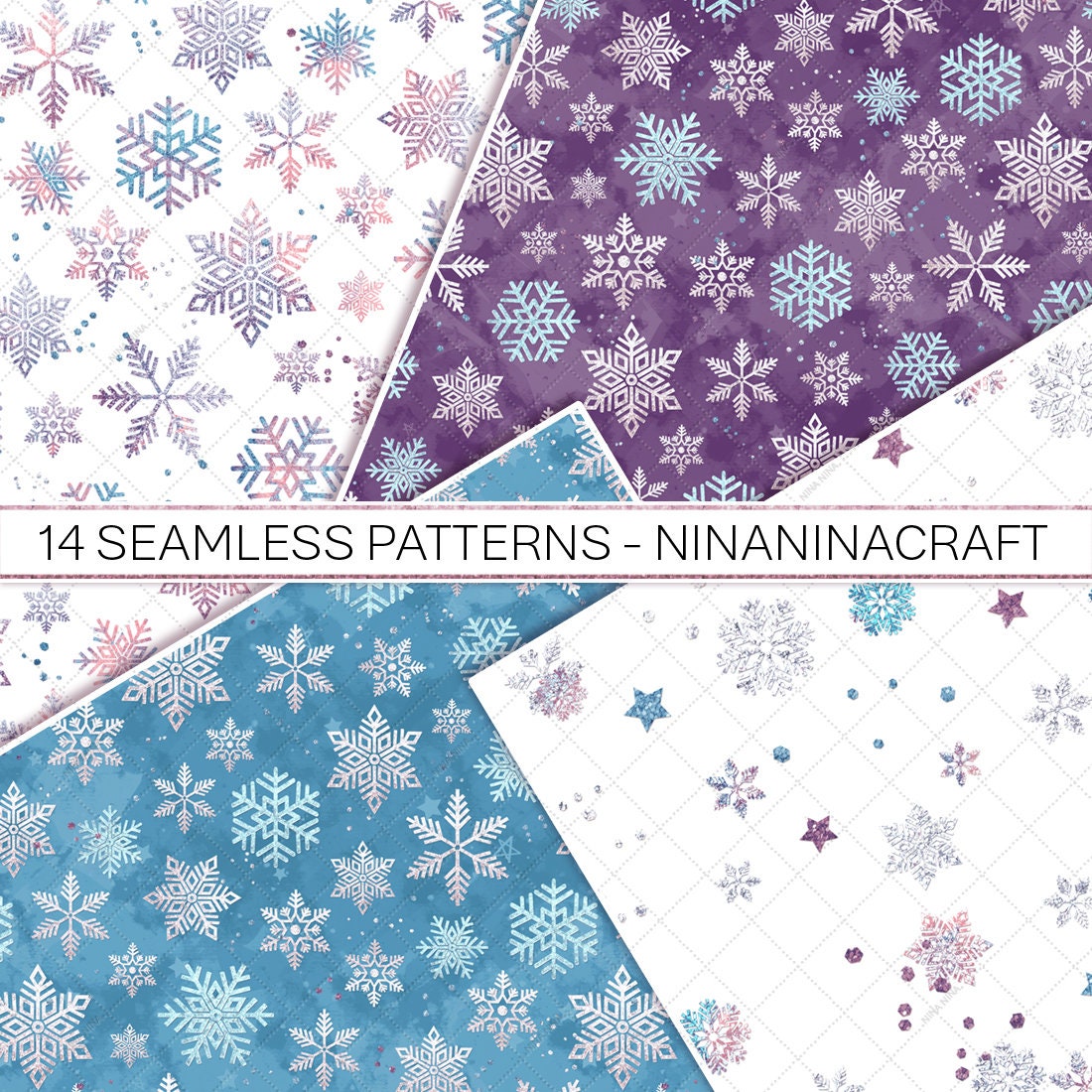 Watercolor Snowflakes Digital Papers Blush and Blue Seamless | Etsy