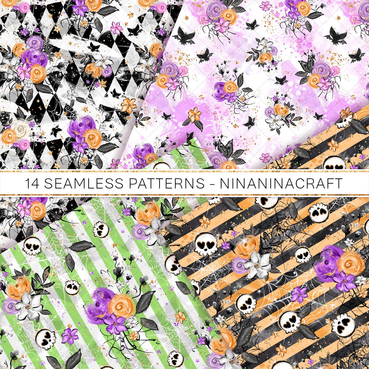Halloween Flowers Digital Paper Pack, Cute Spooky Floral Seamless ...