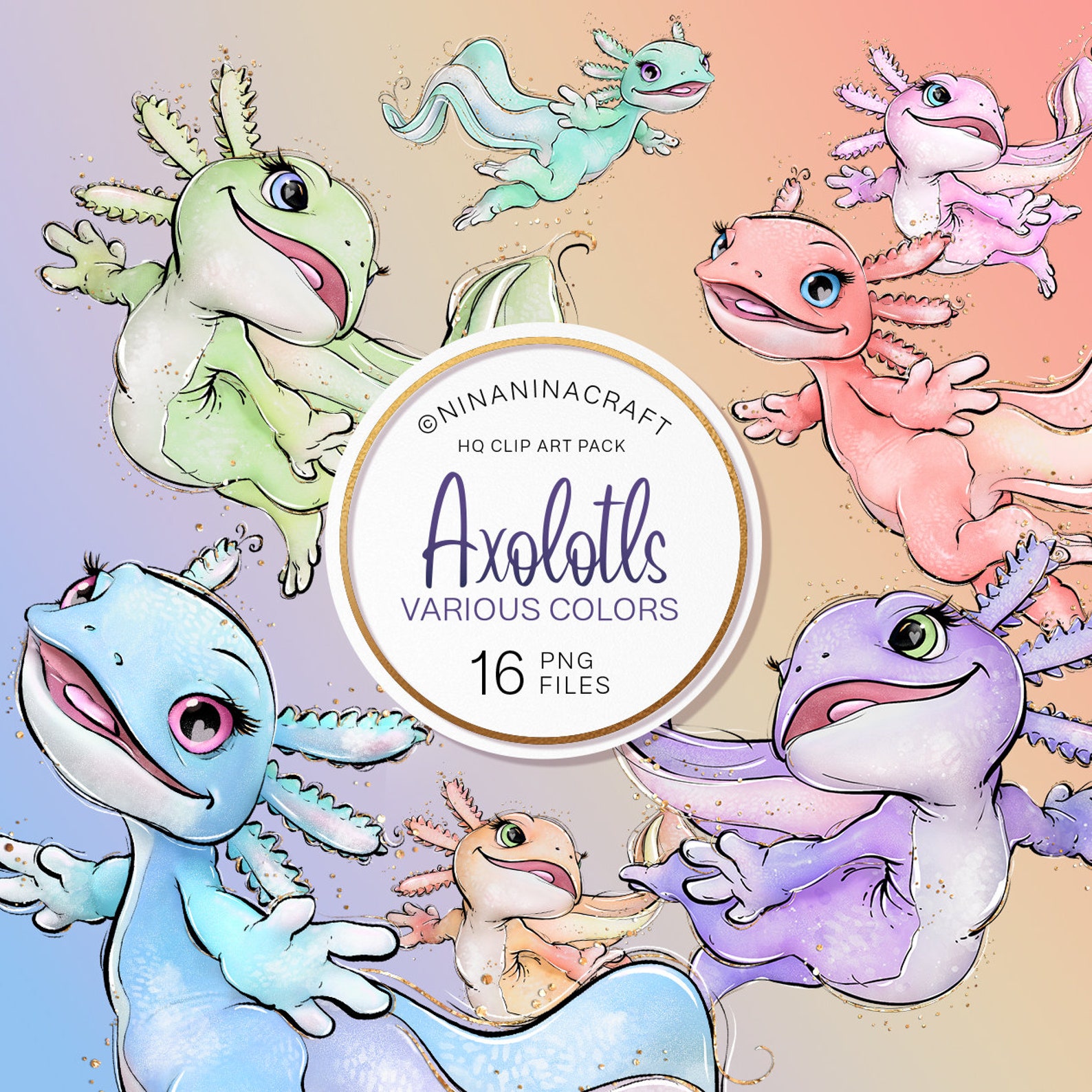 Colorful Axolotls Clip Art, Cute Rainbow Axolotls Clipart by ...