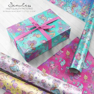 Mermaid Digital Papers, Colorful Sea Seamless Patterns, Rainbow ...