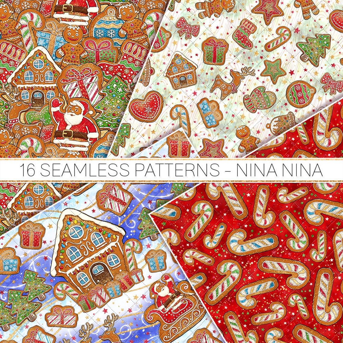 Christmas Digital Papers Pack, Gingerbread, Cute Santa Claus Seamless ...