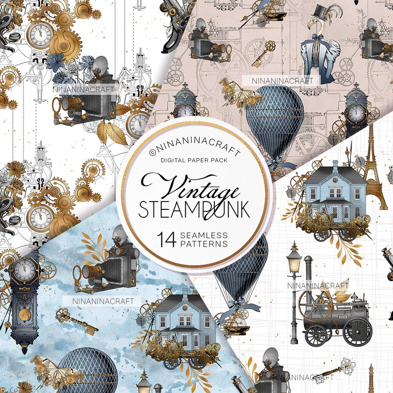 Steampunk Digital Paper Pack Victorian Seamless Patterns by - Etsy