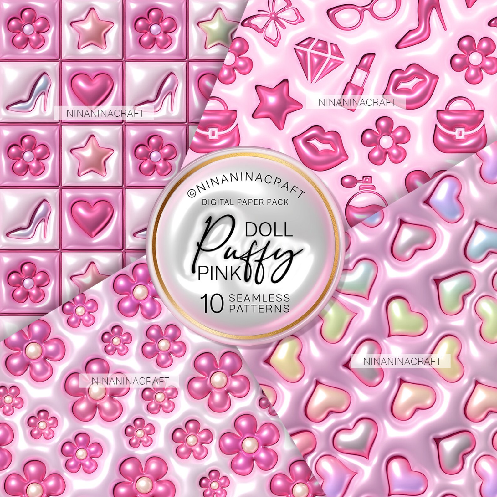 3D Inflated Puff Seamless Pattern Pack, Pink Doll, Bubble Puffy Wrap ...
