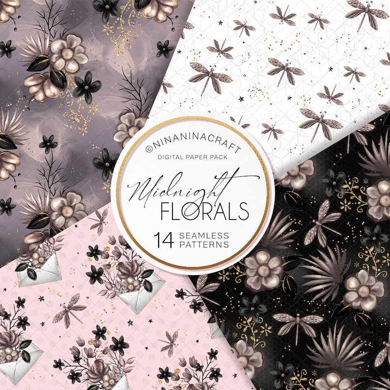 Glittery Florals Digital Paper, Dark Pretty Flowers Seamless Patterns ...