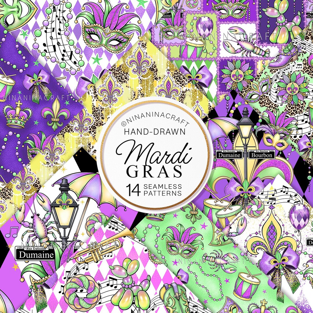 Mardi Gras Digital Paper Pack by Ninaninacraft, Hand Drawn Seamless ...