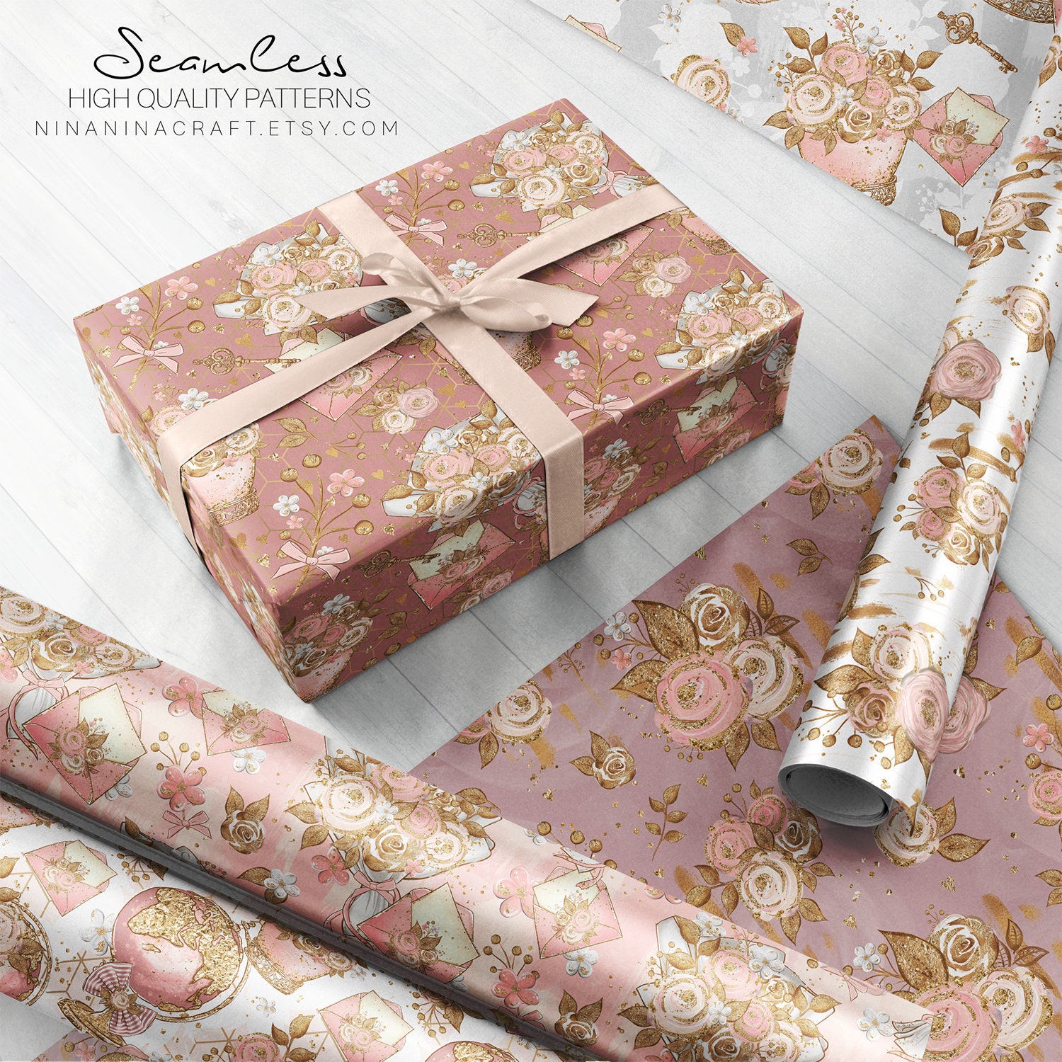 15 Vintage Roses Digital Papers, Flowers Rose Gold Seamless Pattern ...