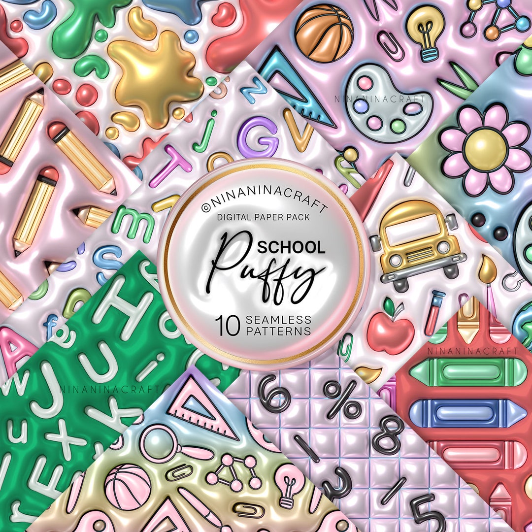 3D Inflated Puff Seamless Pattern Pack, Back to School, Bubble Puffy ...