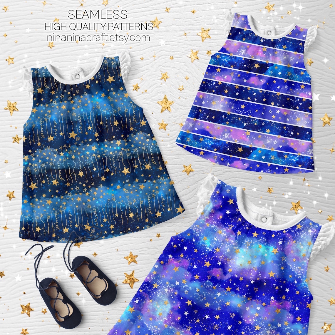 Stars Digital Paper Pack Gold Glitter Seamless Pattern Night | Etsy