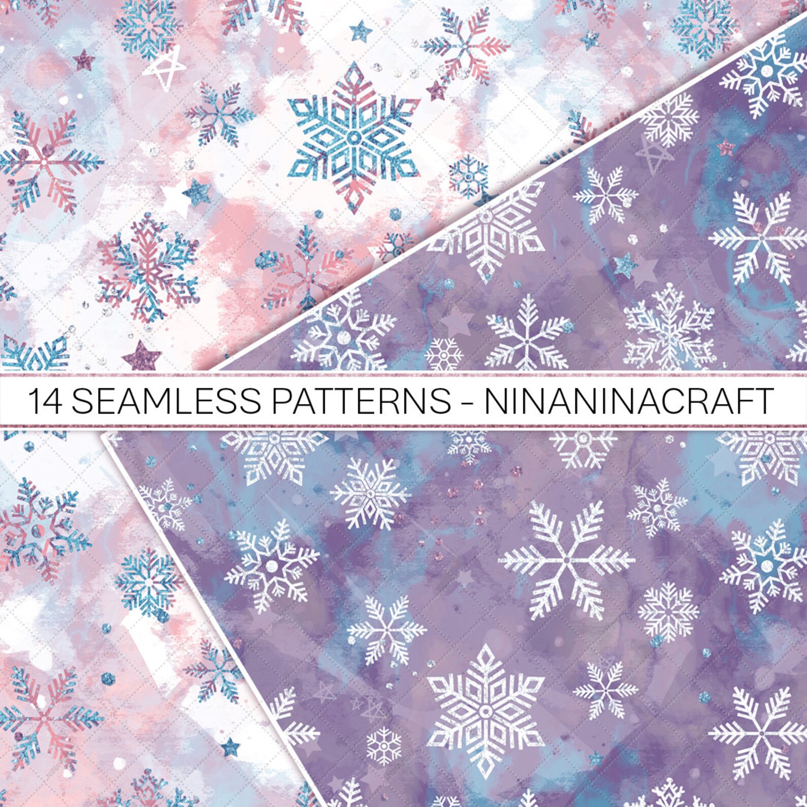 Watercolor Snowflakes Digital Papers Blush and Blue Seamless | Etsy
