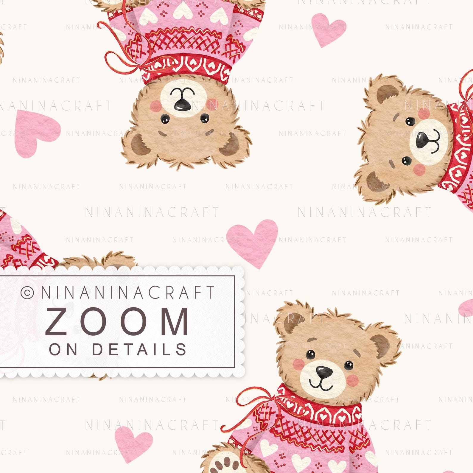 Valentines Teddy Bear Seamless Pattern by Ninaninacraft: Chiffon, Pink ...