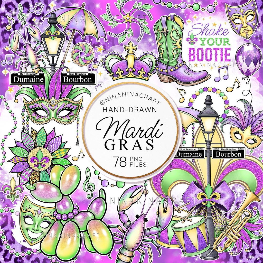 Mardi Gras Clipart by Ninaninacraft, Hand Drawn Clip Art Pack, Mardi ...