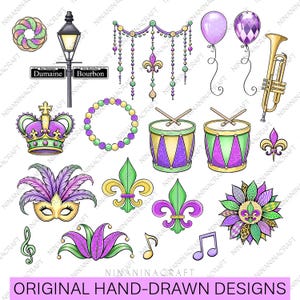 Mardi Gras Clipart by Ninaninacraft, Hand Drawn Clip Art Pack, Mardi ...