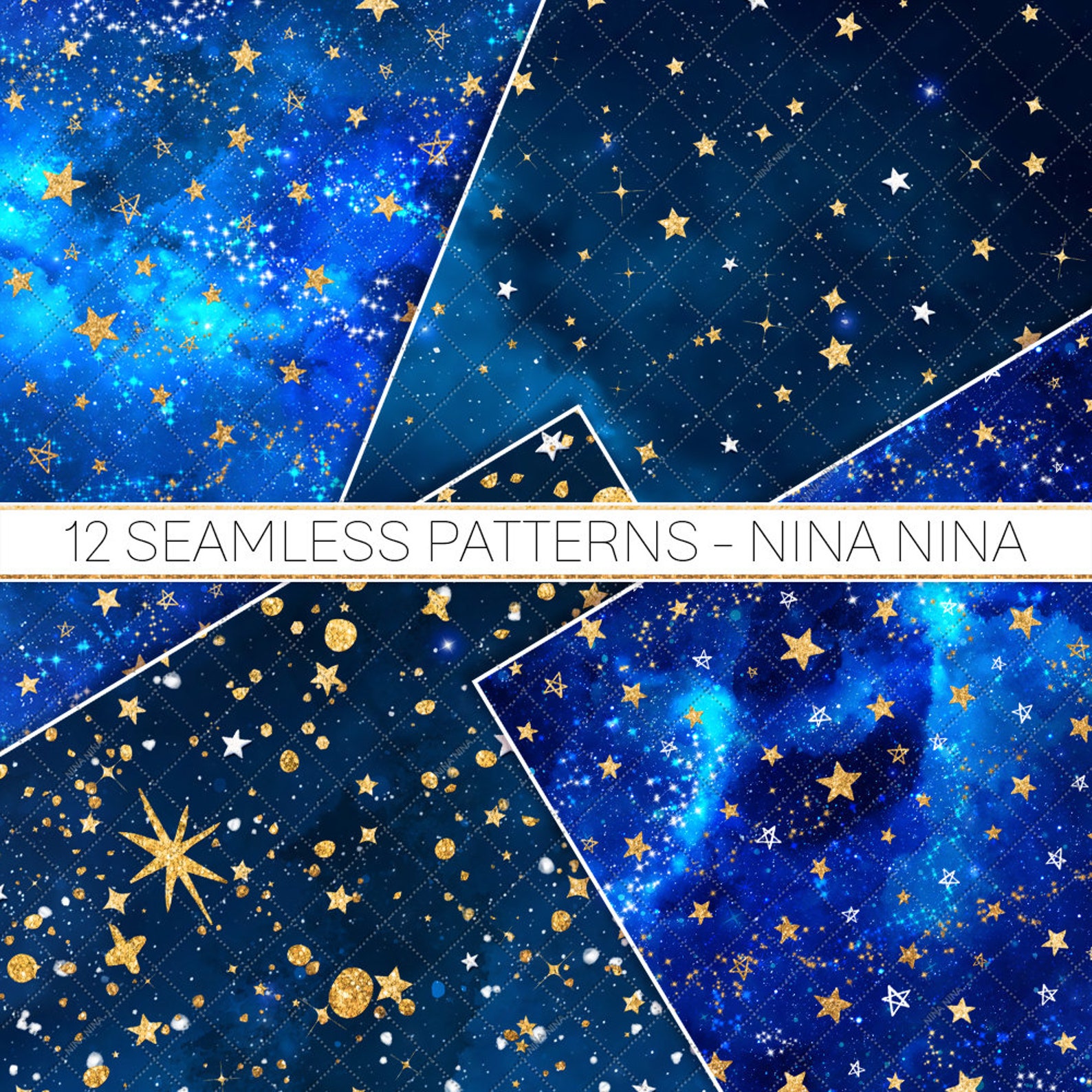 Stars Digital Paper Pack, Gold Glitter Seamless Pattern, Night Sky ...