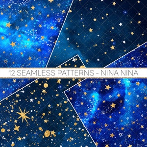 Stars Digital Paper Pack, Gold Glitter Seamless Pattern, Night Sky ...