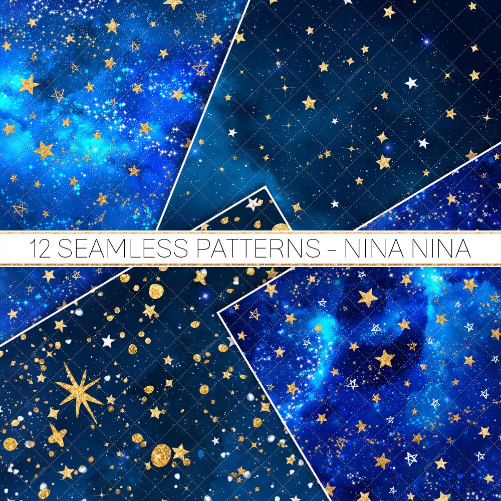 Stars Digital Paper Pack Gold Glitter Seamless Pattern Night | Etsy