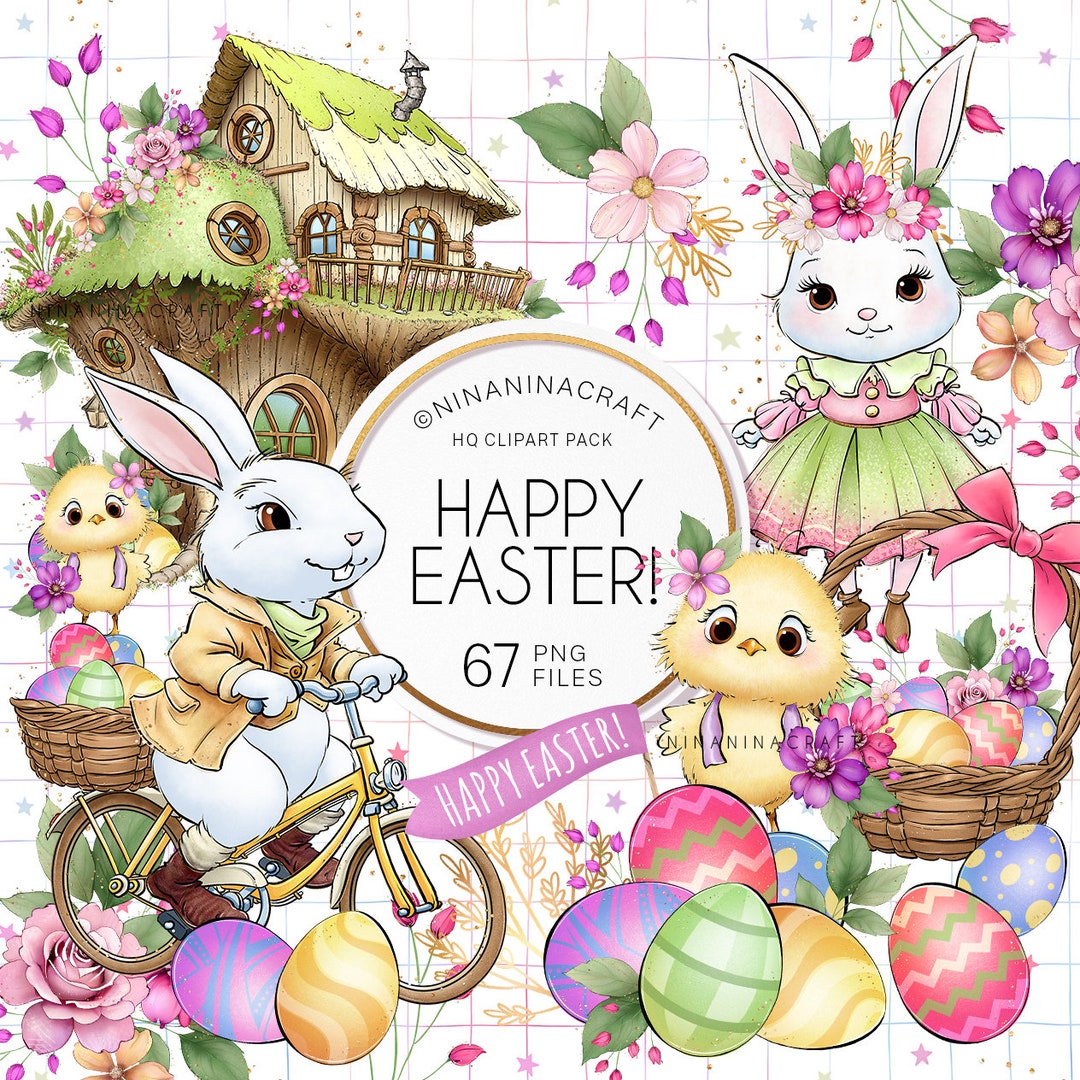 Cute Easter Clip Art Pack, Bunny Clipart by Ninaninacraft, Eggs, Basket ...