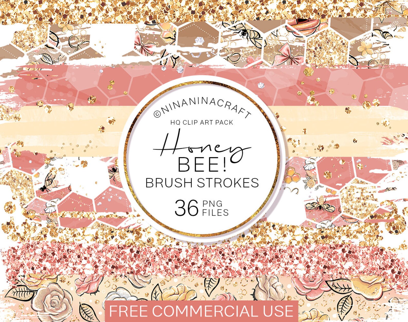 36 Paint Brush Strokes Clipart Pack, Honey Bee Clip Art, Watercolor ...