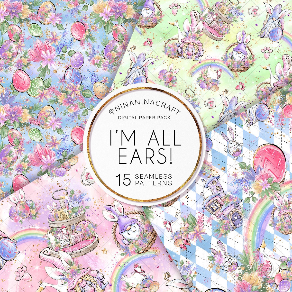 Cute Easter Digital Papers, Colorful Rainbow Seamless Patterns by ...