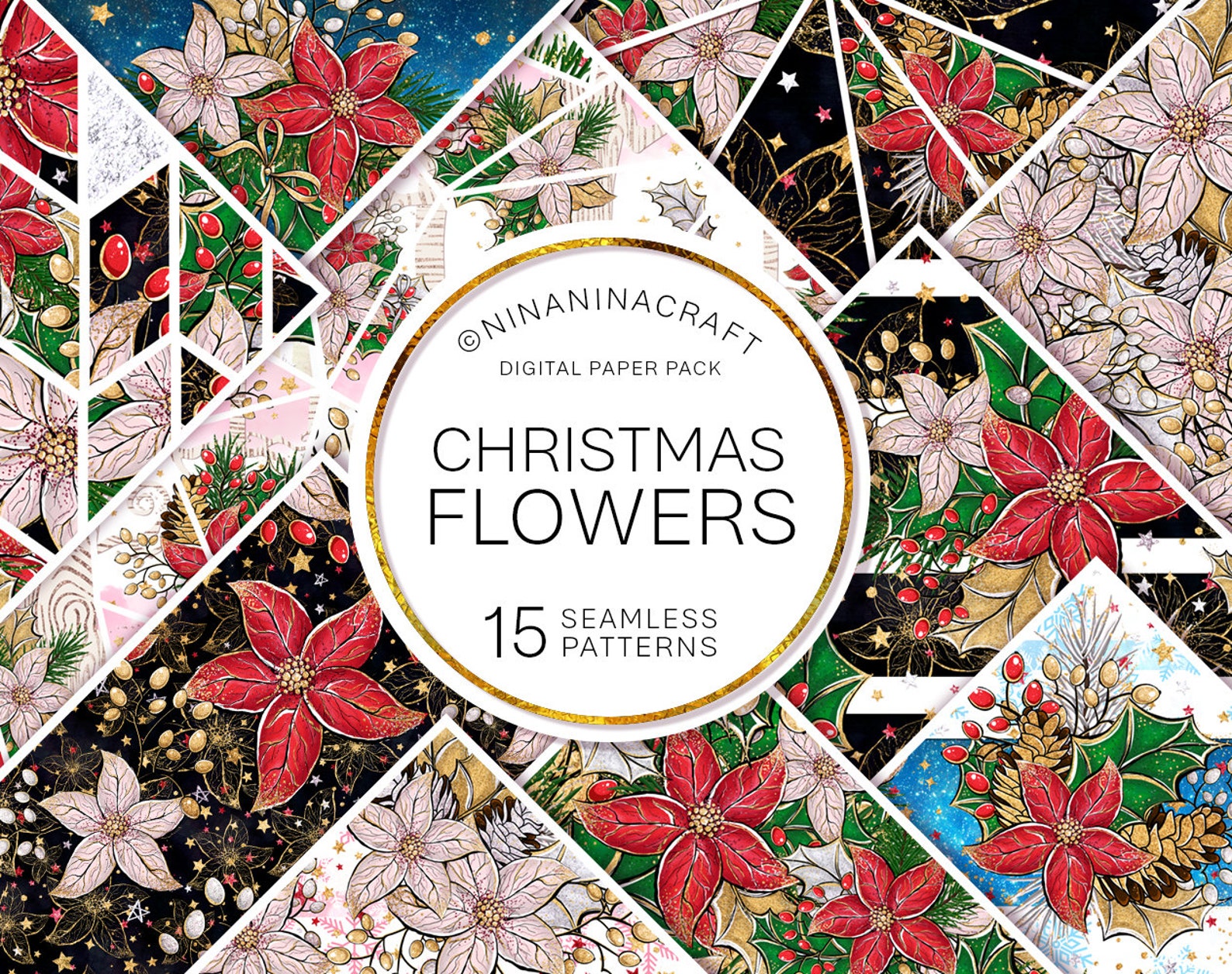 Christmas Flowers Digital Papers Poinsettia Seamless - Etsy