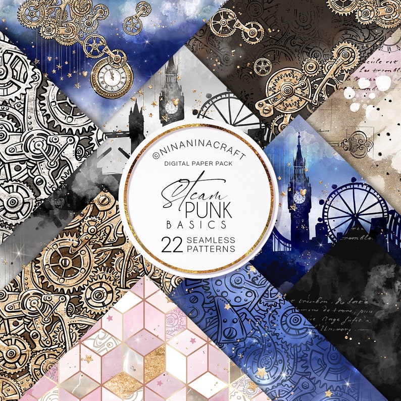 Steampunk Basics Digital Papers, Glitter Clockwork Seamless Patterns by ...