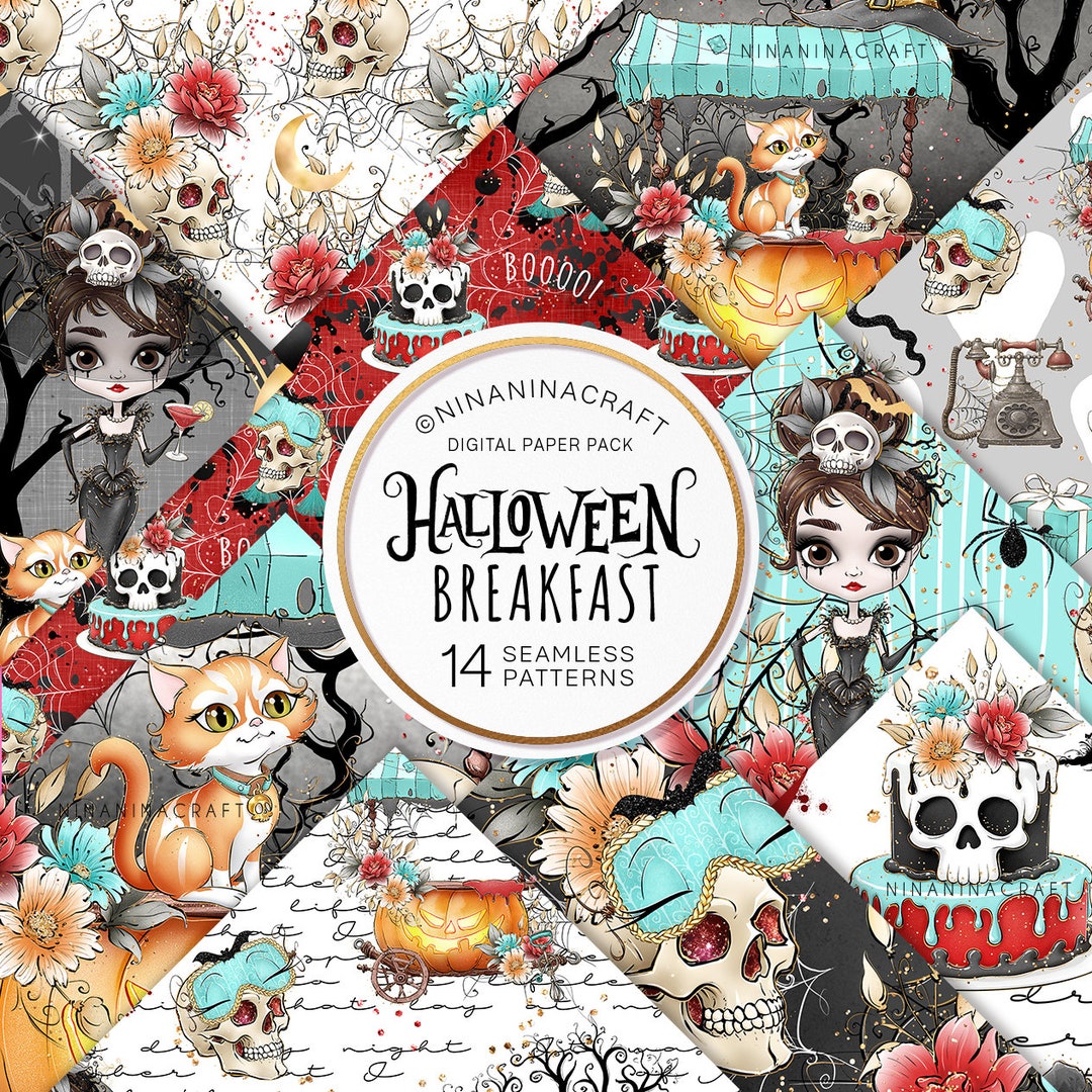Hand-drawn Halloween Breakfast Seamless Pattern Pack, Gothic Audrey ...