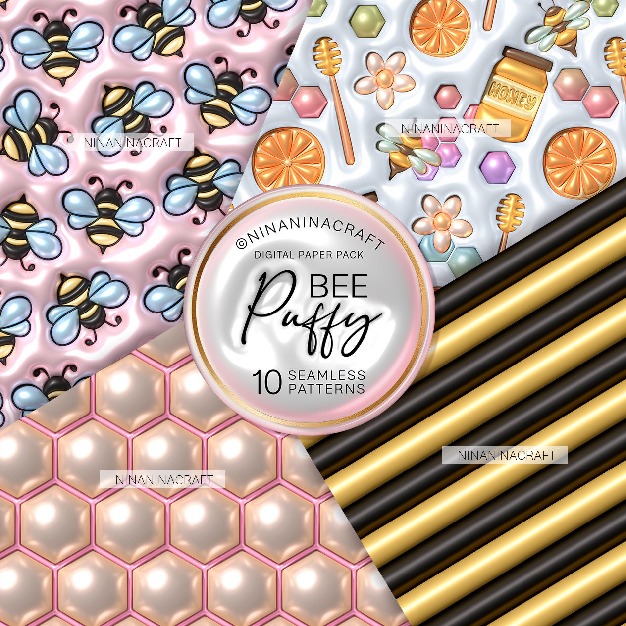 3D Inflated Puff Seamless Pattern Pack, Rainbow Bee, Bubble Puffy Wrap ...