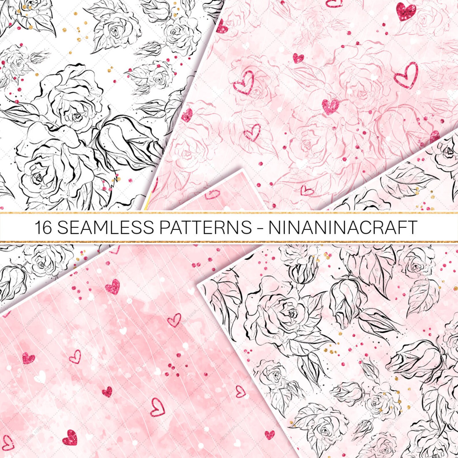 Valentine's Day Roses Basic Digital Papers, Flowers Seamless Pattern ...
