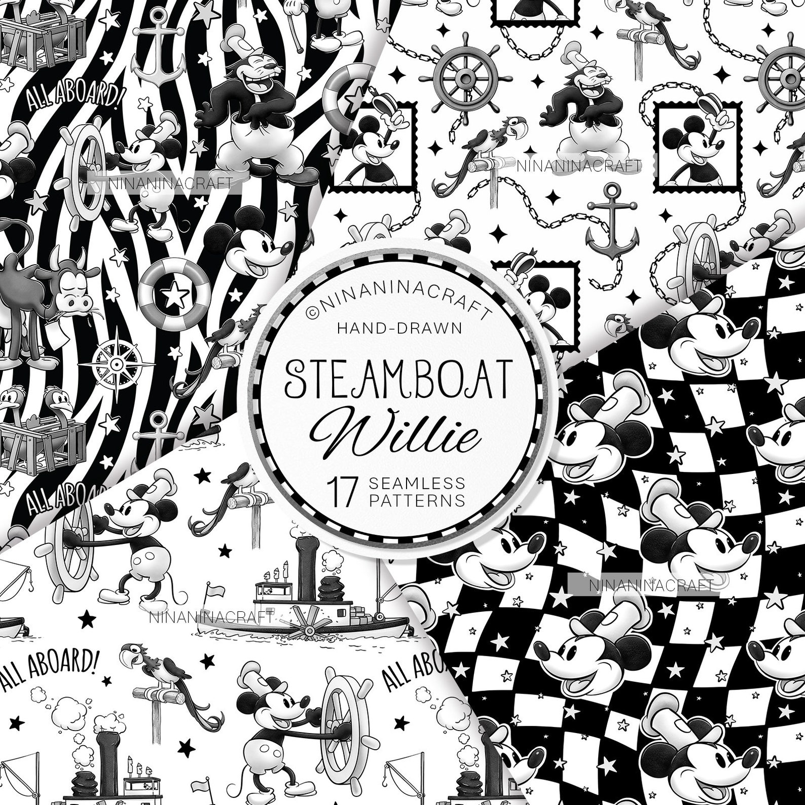 Steamboat Willie Seamless Pattern Pack, Hand-drawn Nautical Digital ...