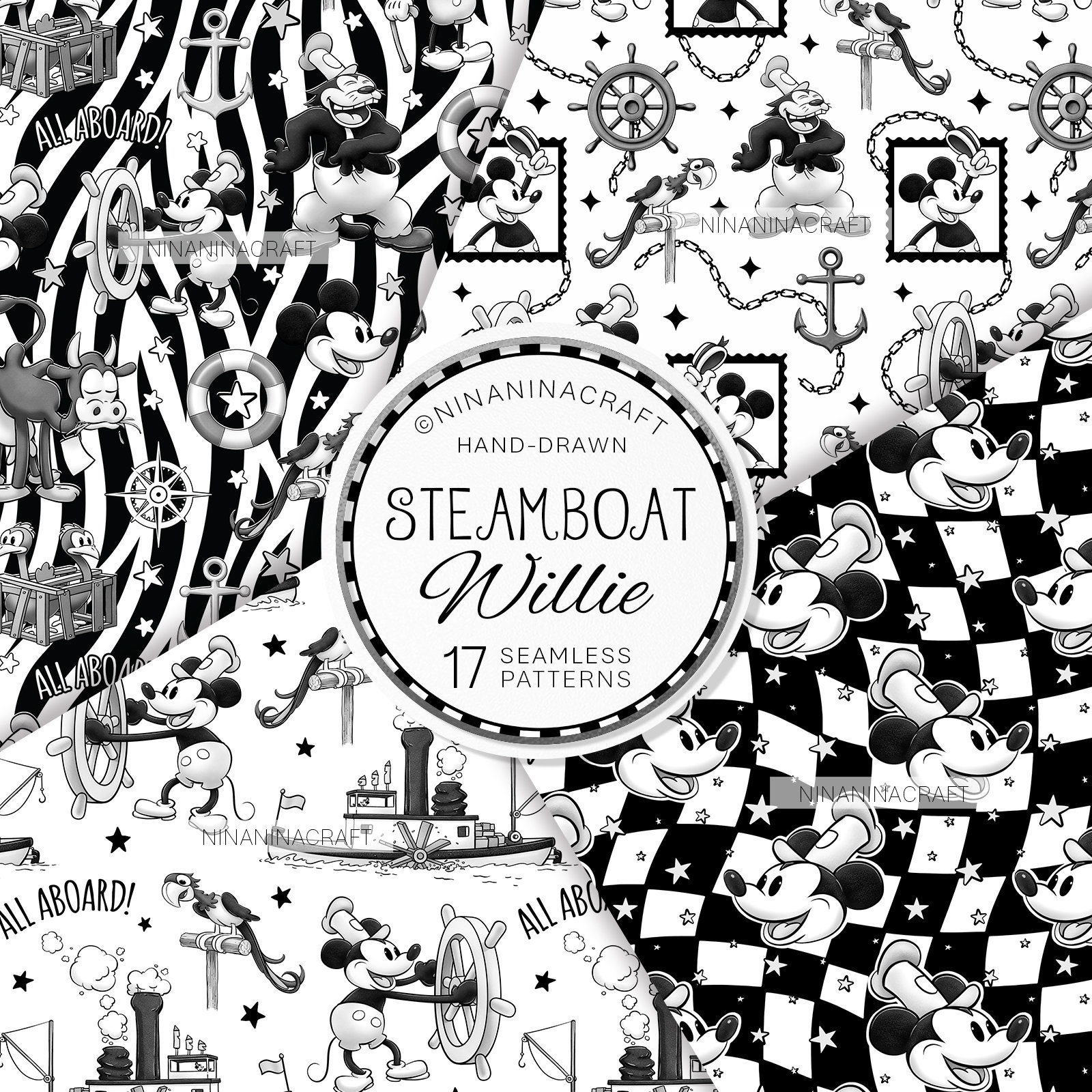 Steamboat Willie Seamless Pattern Pack, Hand-drawn Nautical Digital ...