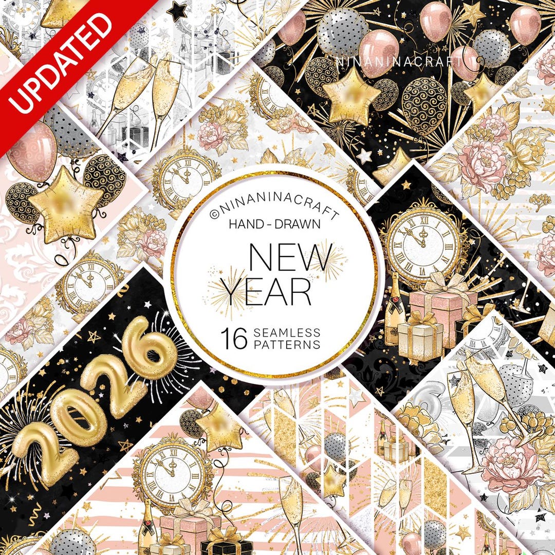 New Year Digital Paper Pack, Peony Flowers Seamless Patterns, Party ...