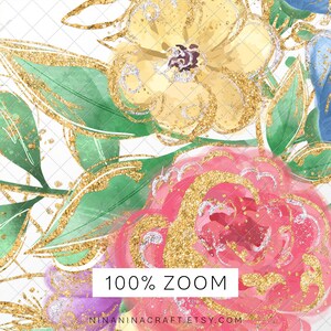 Spring Flowers Clip Art, Easter Floral Watercolor Clipart, Gold Glitter ...
