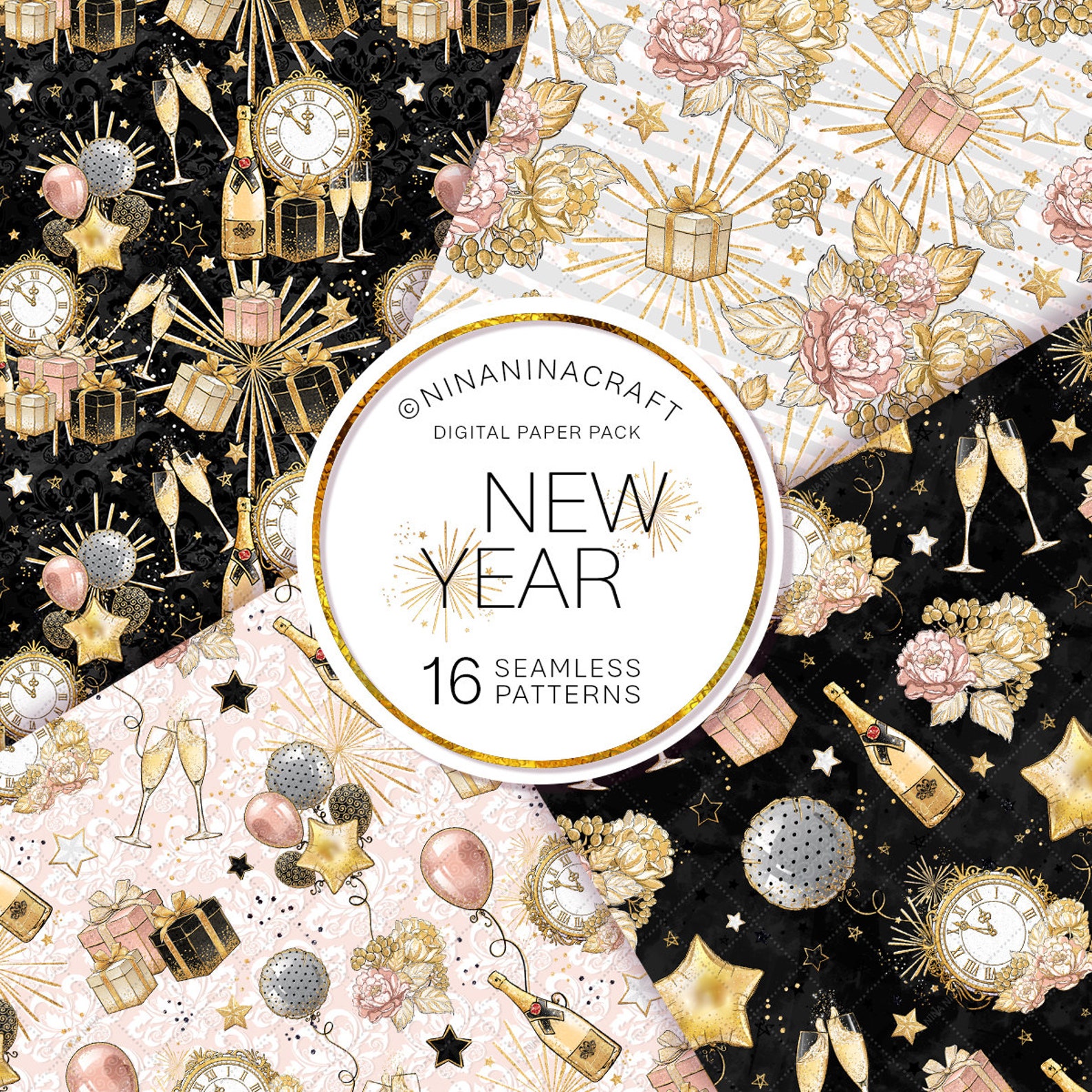 New Year Digital Paper Pack Peony Flowers Seamless Patterns - Etsy