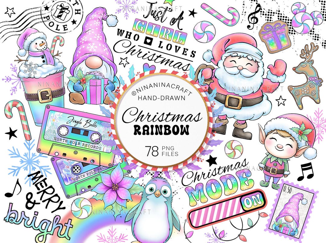Cute Christmas Clipart, Rainbow Christmas, Santa Claus PNG, Elf and ...