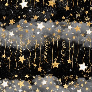 Stars Digital Papers, Gold Glitter Seamless Pattern, Black and White ...