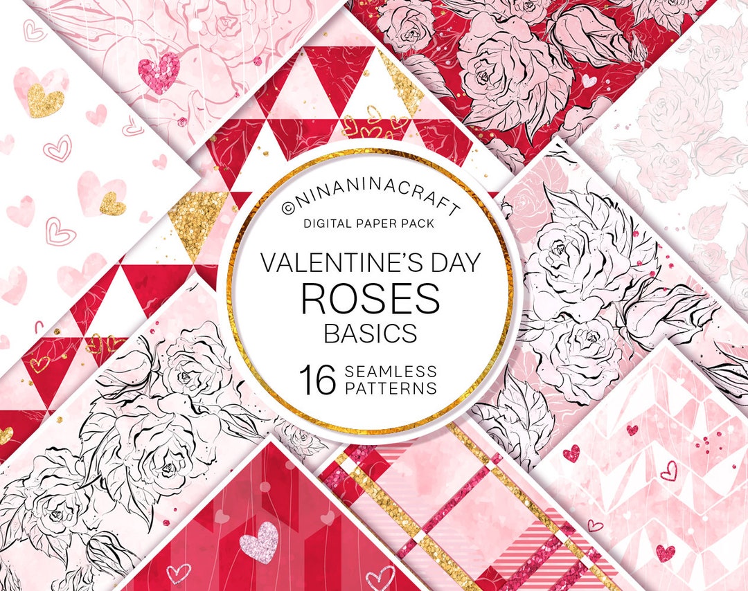 Valentine's Day Roses Basic Digital Papers, Flowers Seamless Pattern ...