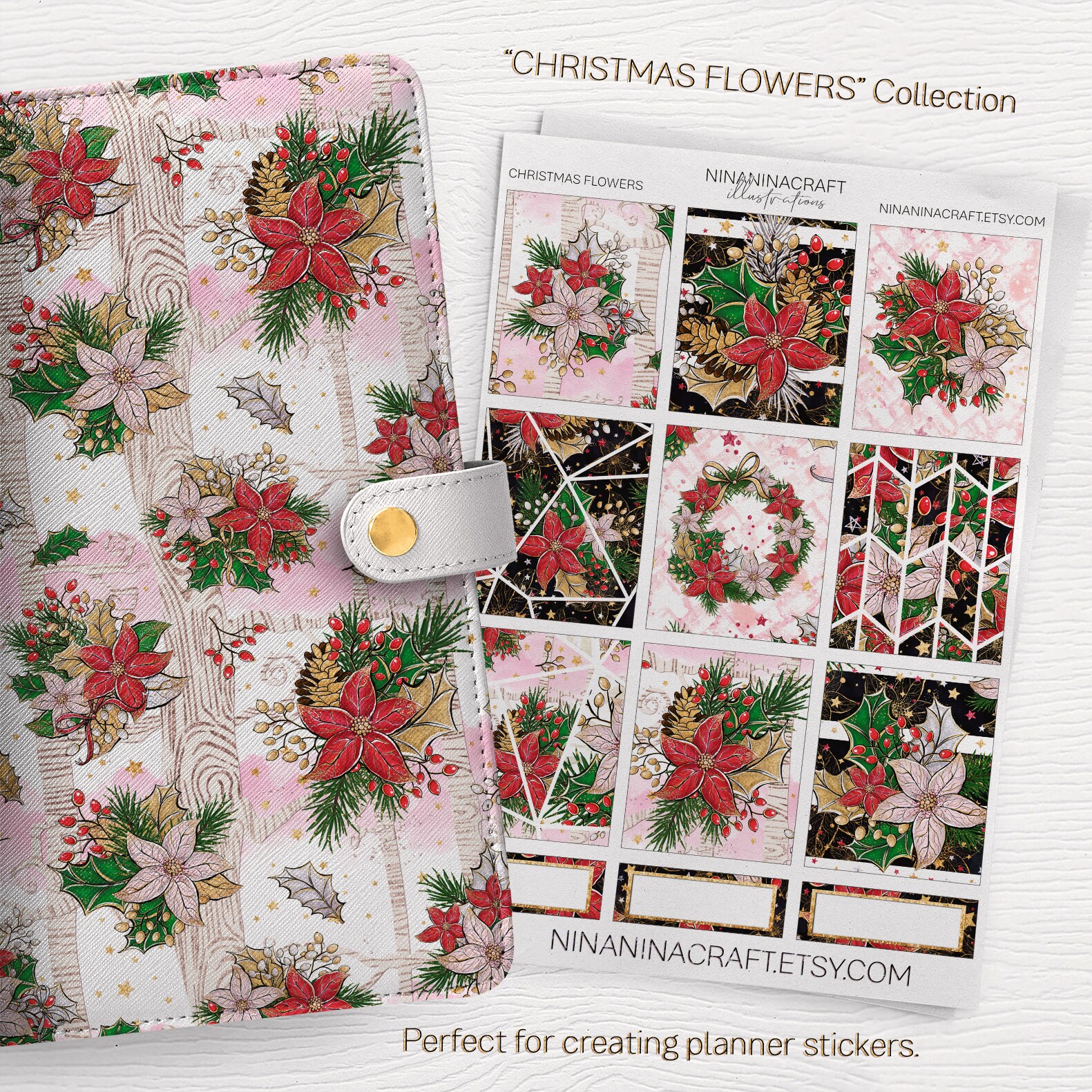 Christmas Flowers Digital Papers, Poinsettia Seamless Patterns, Gold ...