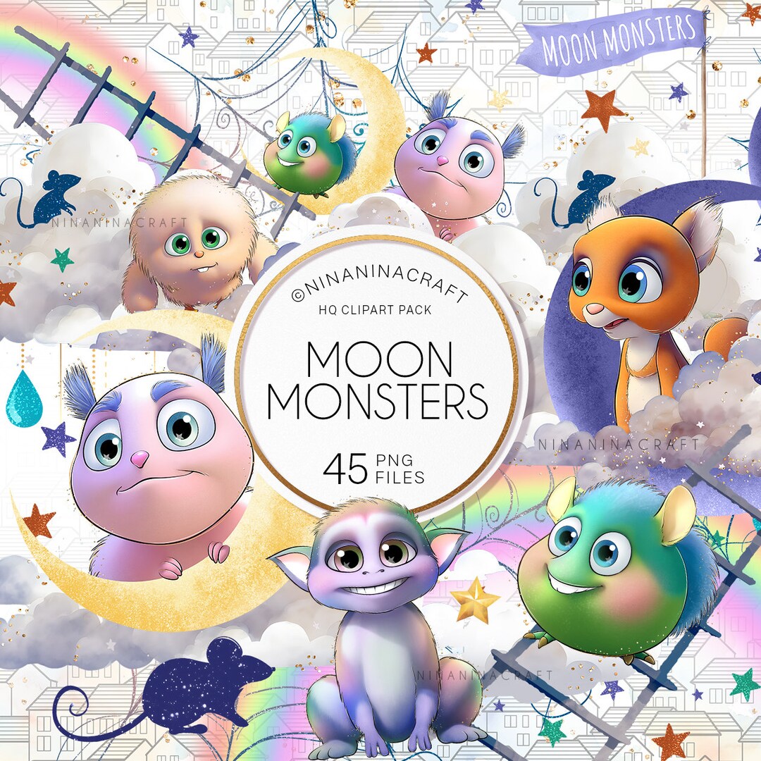 Cute Moon Monsters Clip Art Pack, Stars Clipart by Ninaninacraft ...