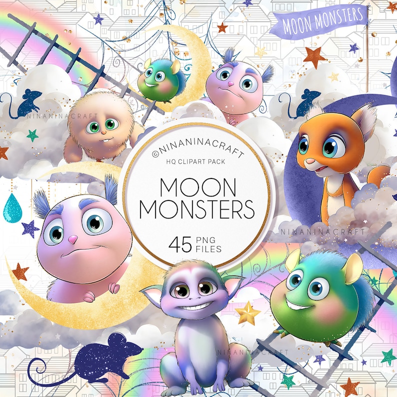 Cute Moon Monsters Clip Art Pack, Stars Clipart by Ninaninacraft ...