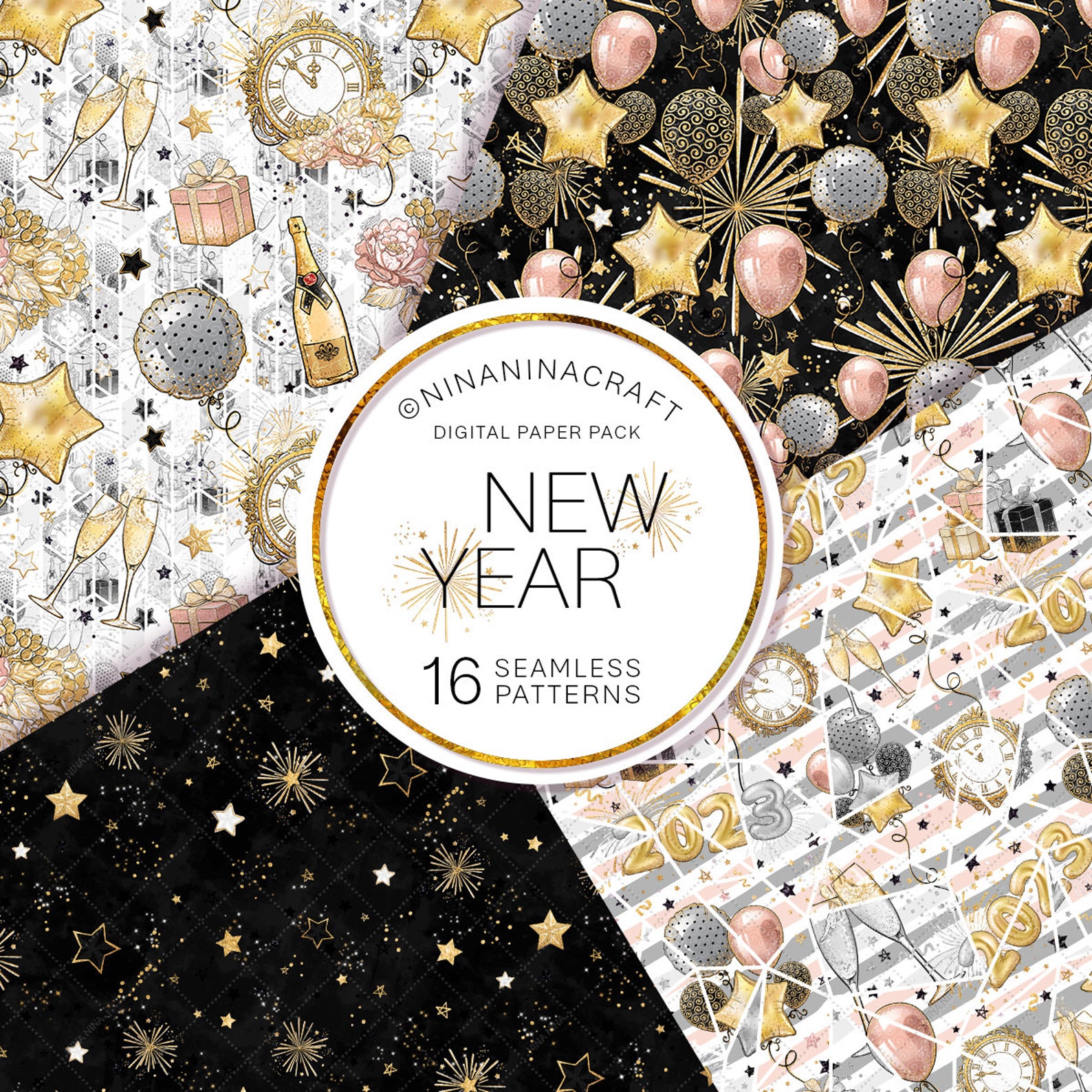 New Year Digital Paper Pack Peony Flowers Seamless Patterns - Etsy