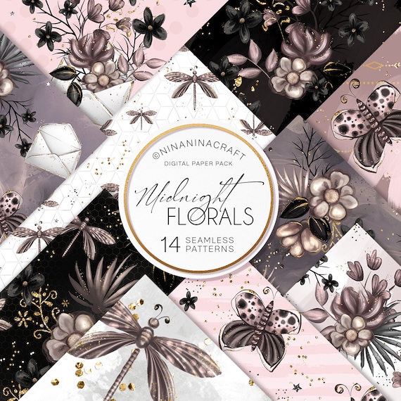 Glittery Florals Digital Paper Dark Pretty Flowers Seamless | Etsy