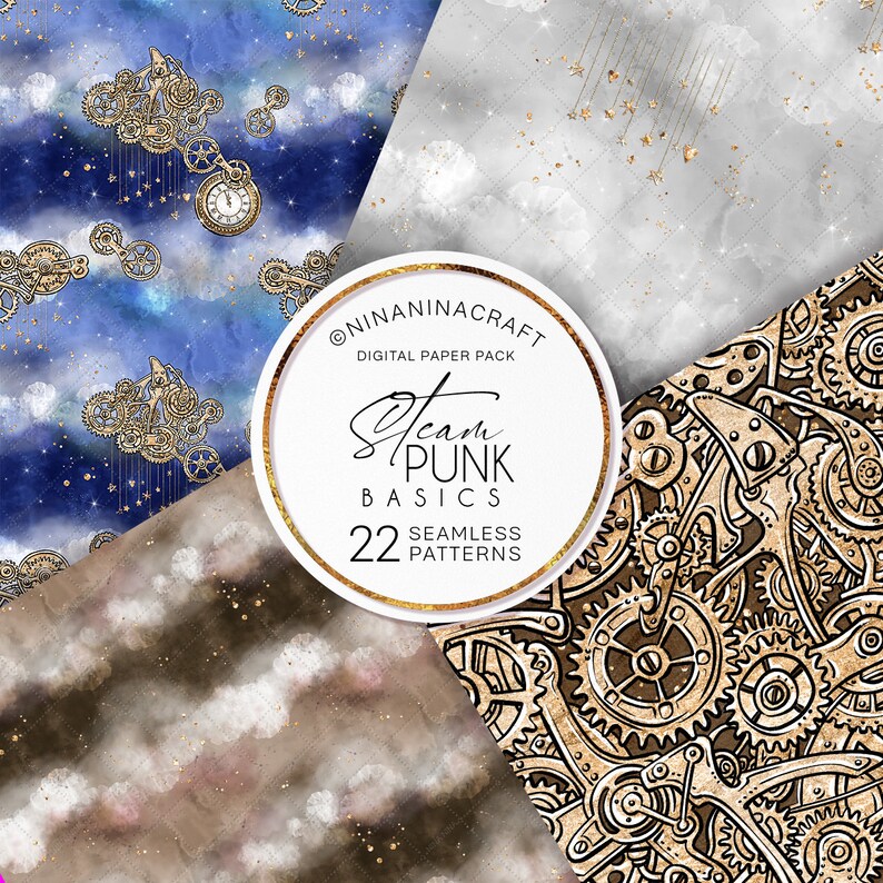 Steampunk Basics Digital Papers, Glitter Clockwork Seamless Patterns by ...
