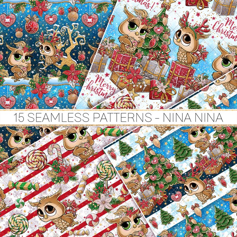 Cute Christmas Owls Digital Paper Pack, Glitter Seamless Patterns ...