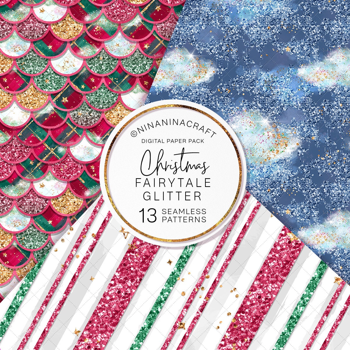 Christmas Glitter Digital Papers, Handpainted & Realistic Glitter ...