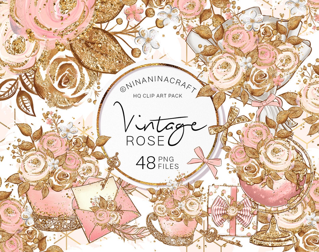 Vintage Rose Clip Art, Rose Gold Planner Stickers, Glitter Roses ...