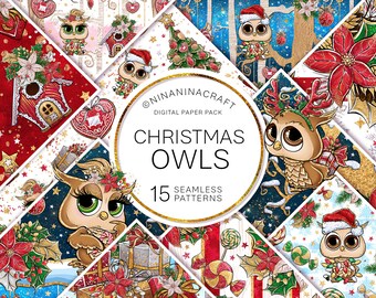 Cute Christmas Owls Digital Papers Glitter Seamless Patterns | Etsy