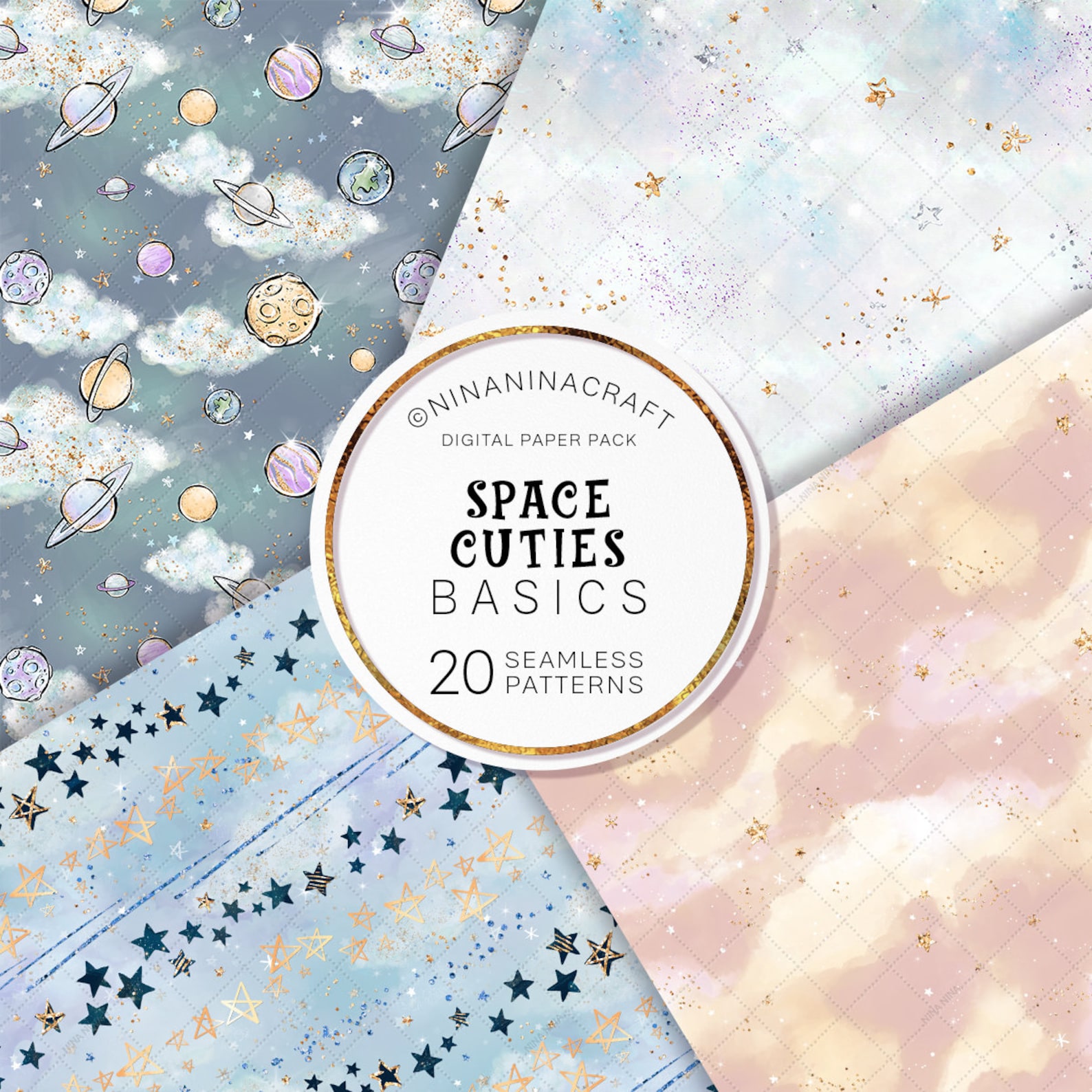 Cute Space Digital Papers Basics, Glittery Galaxy Seamless Patterns by ...